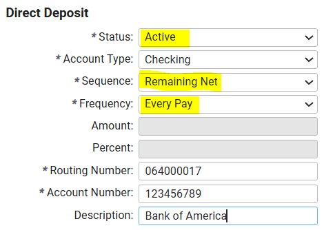 How can I update an employee's direct deposit information in isolved?